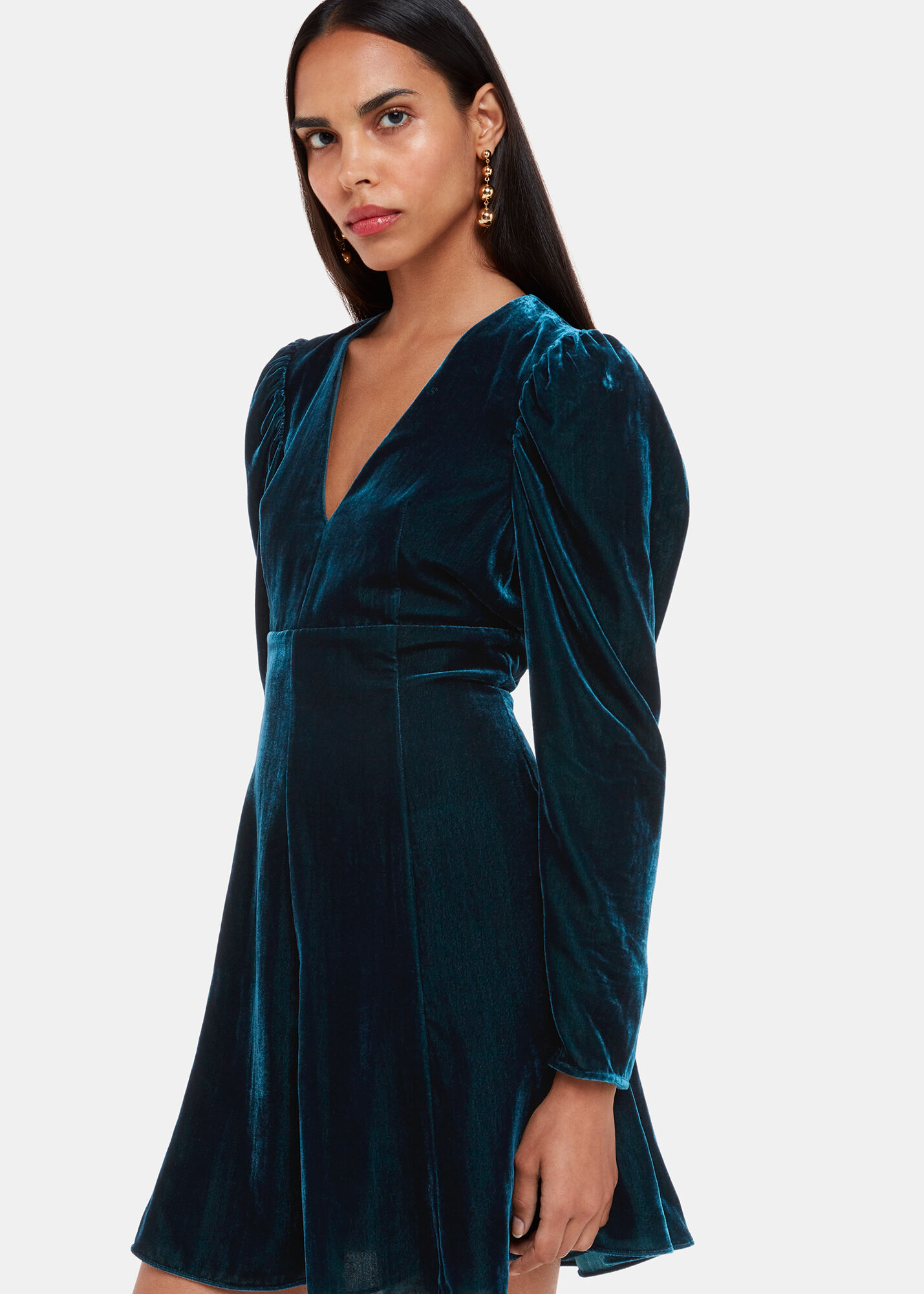 Dark Blue Velvet Flippy Dress With V-Neck & Long Sleeves | Whistles ...