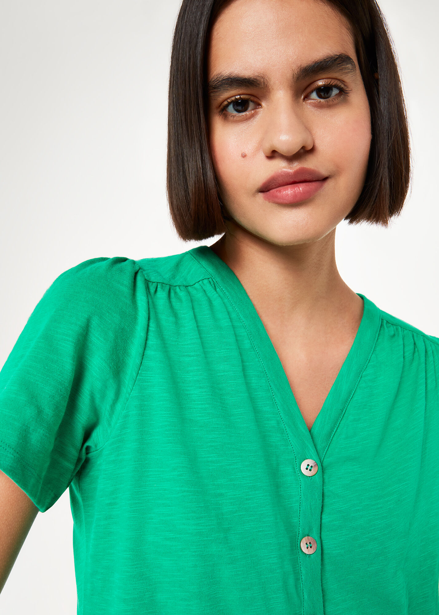 Green Maeve V Neck Button Front Tee | WHISTLES