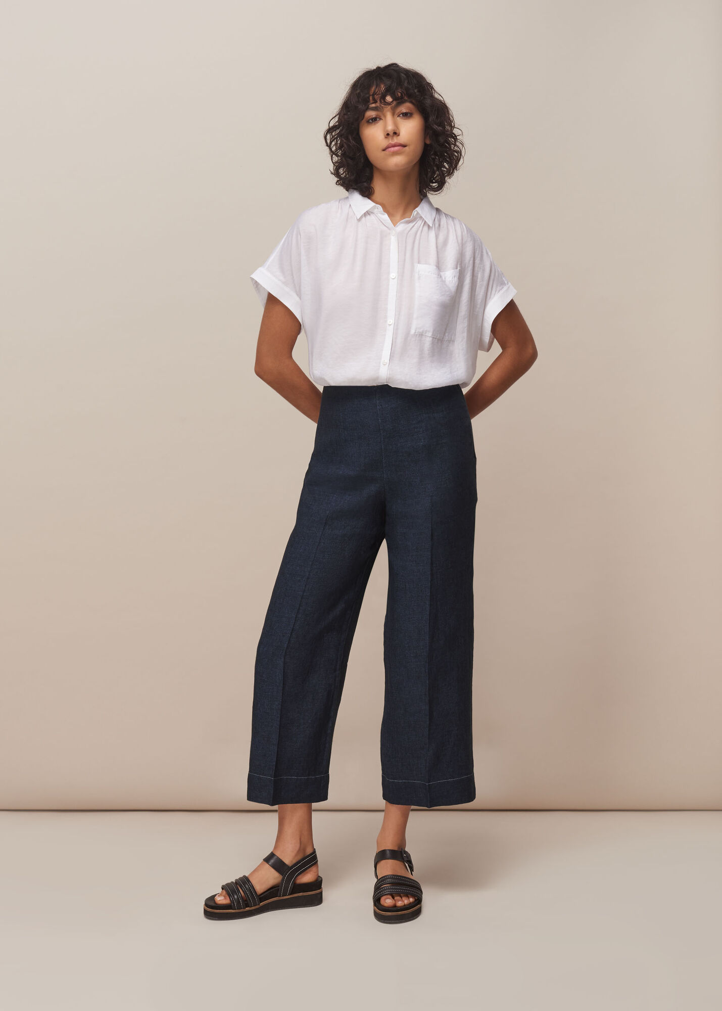 Navy Indigo Linen Cropped Trouser | WHISTLES
