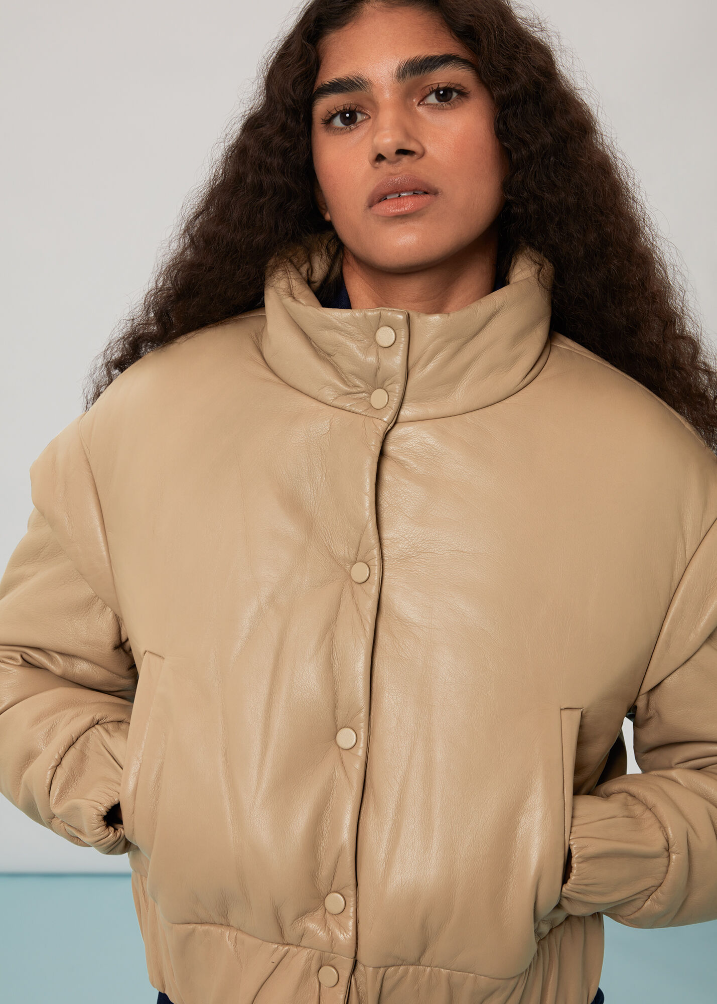 Beige Finn Leather Puffer Jacket | WHISTLES | Whistles UK