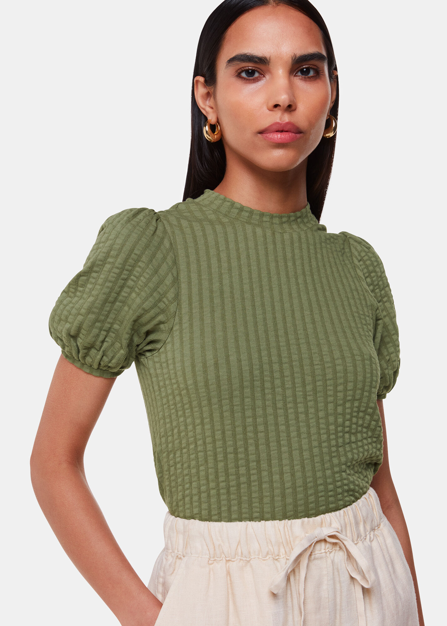 Khaki Textured Puff Sleeve Top | WHISTLES | Whistles UK