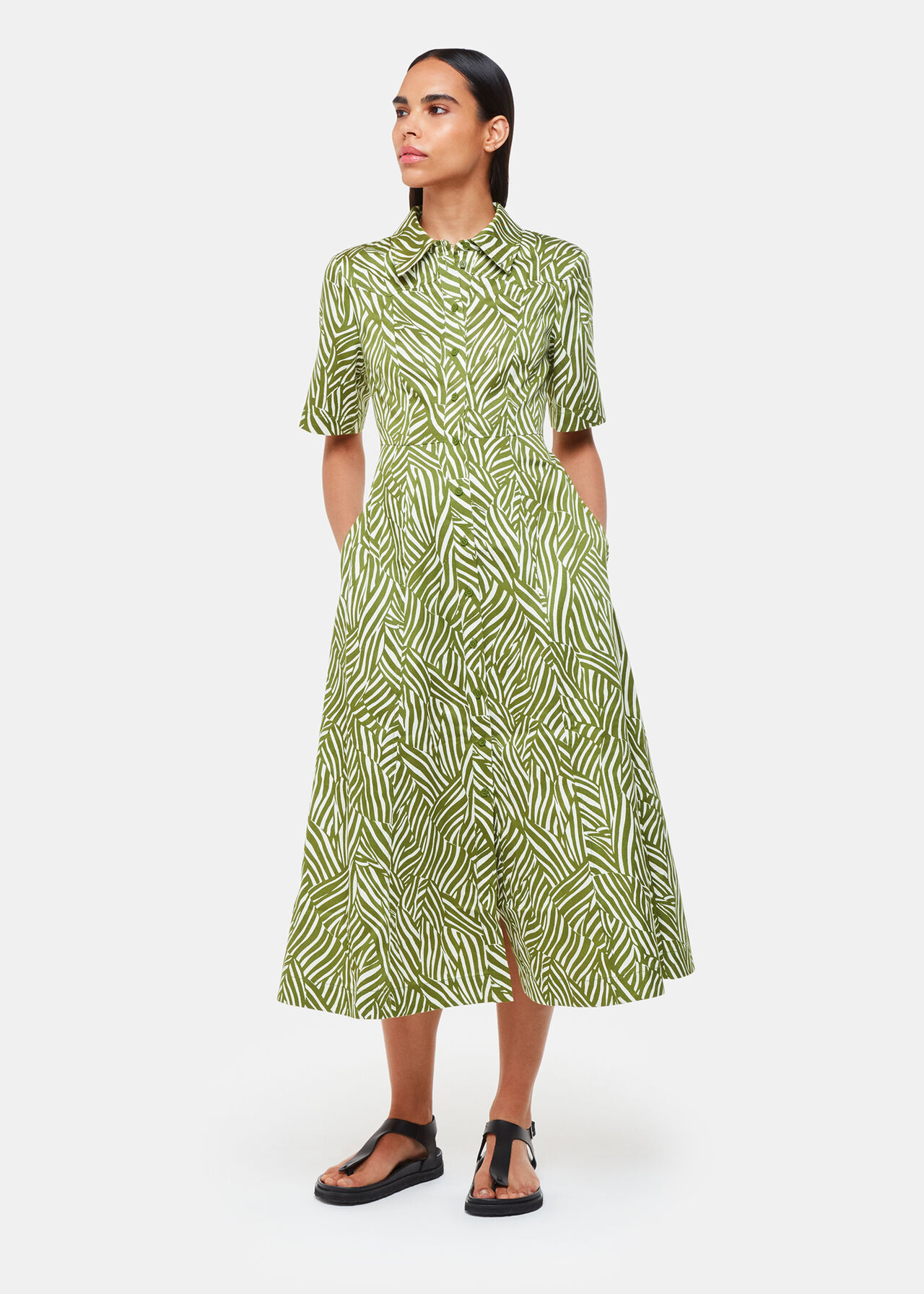 Green/Multi Linear Leaf Midi Dress | WHISTLES | Whistles UK