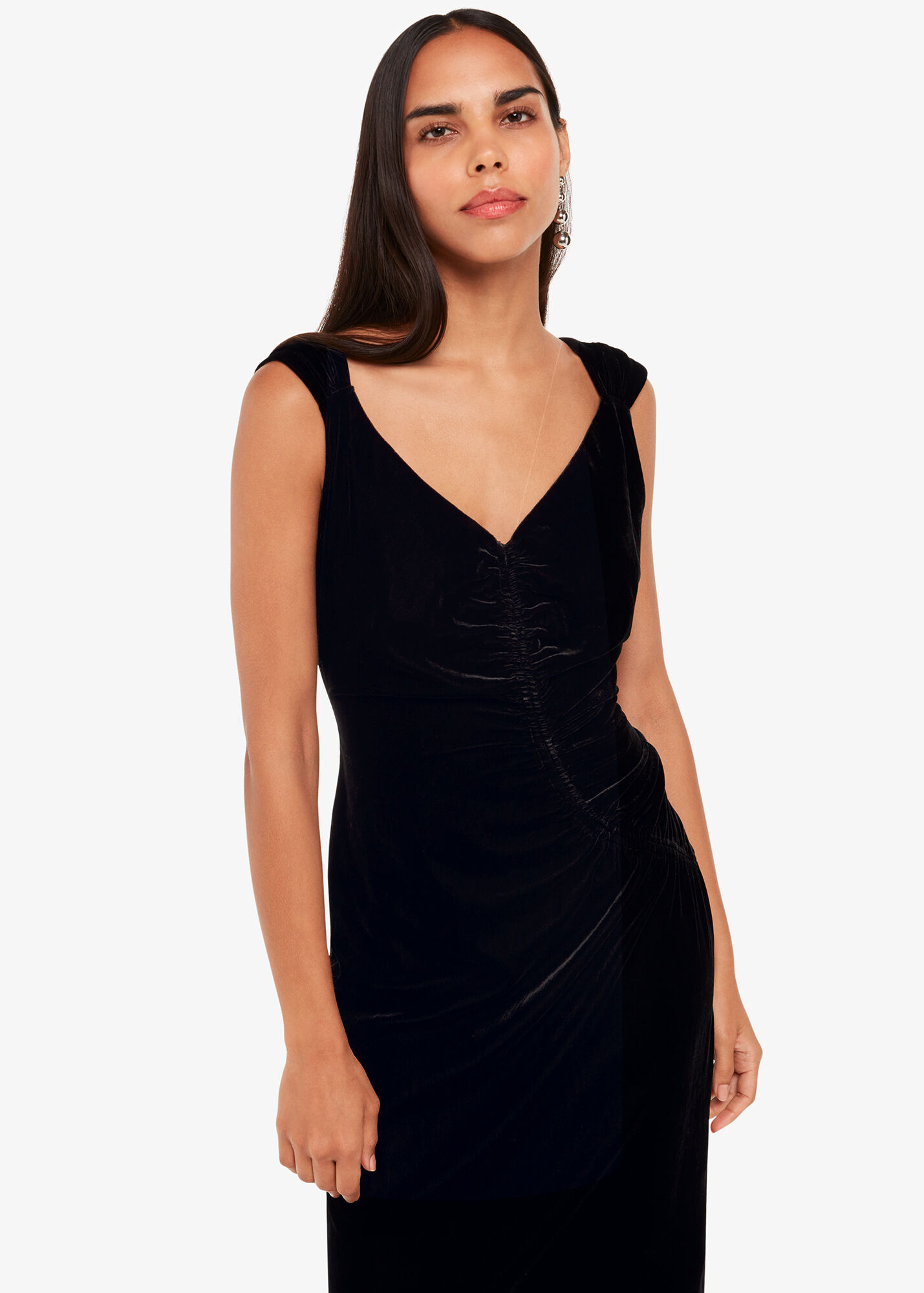 Black Velvet V-Neck Midi Dress With A Side Split | Whistles | Whistles UK
