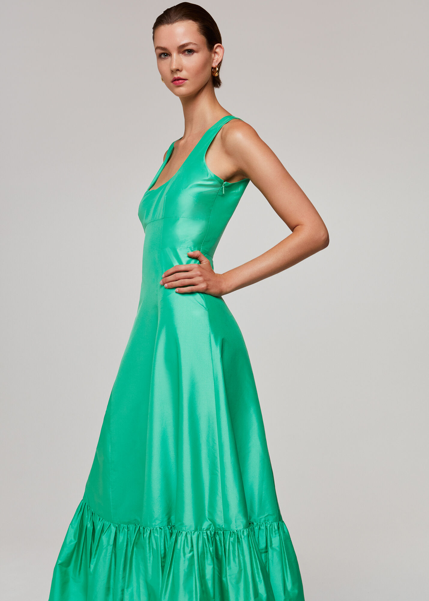 Green Taffeta Silk Blend Maxi Dress | WHISTLES | Whistles UK