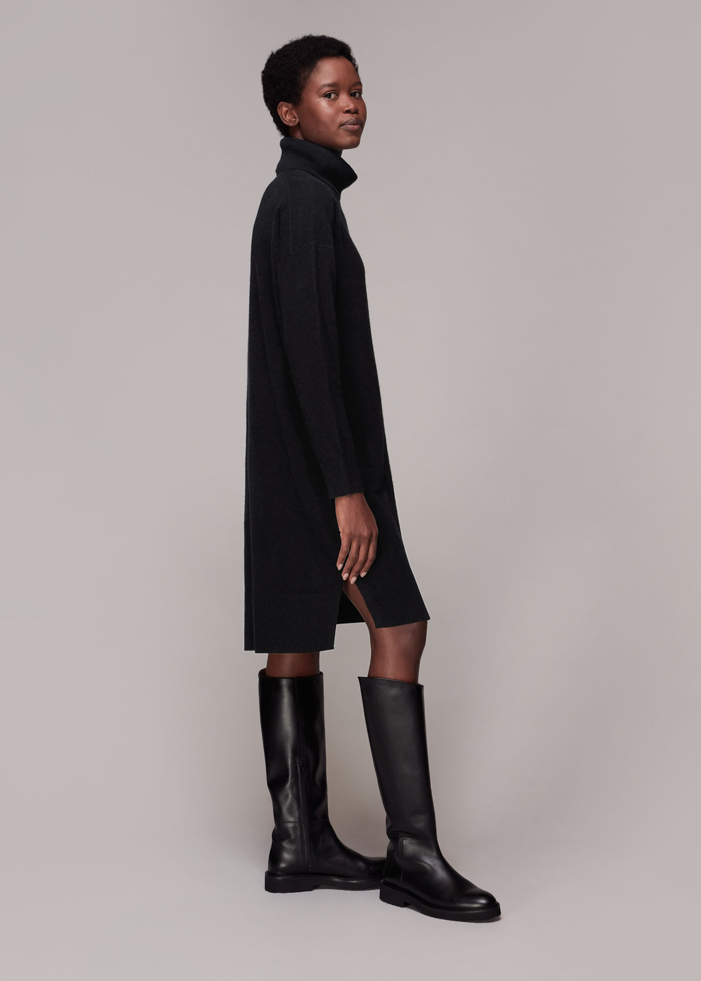 Black Cashmere Roll Neck Dress | WHISTLES | Whistles UK