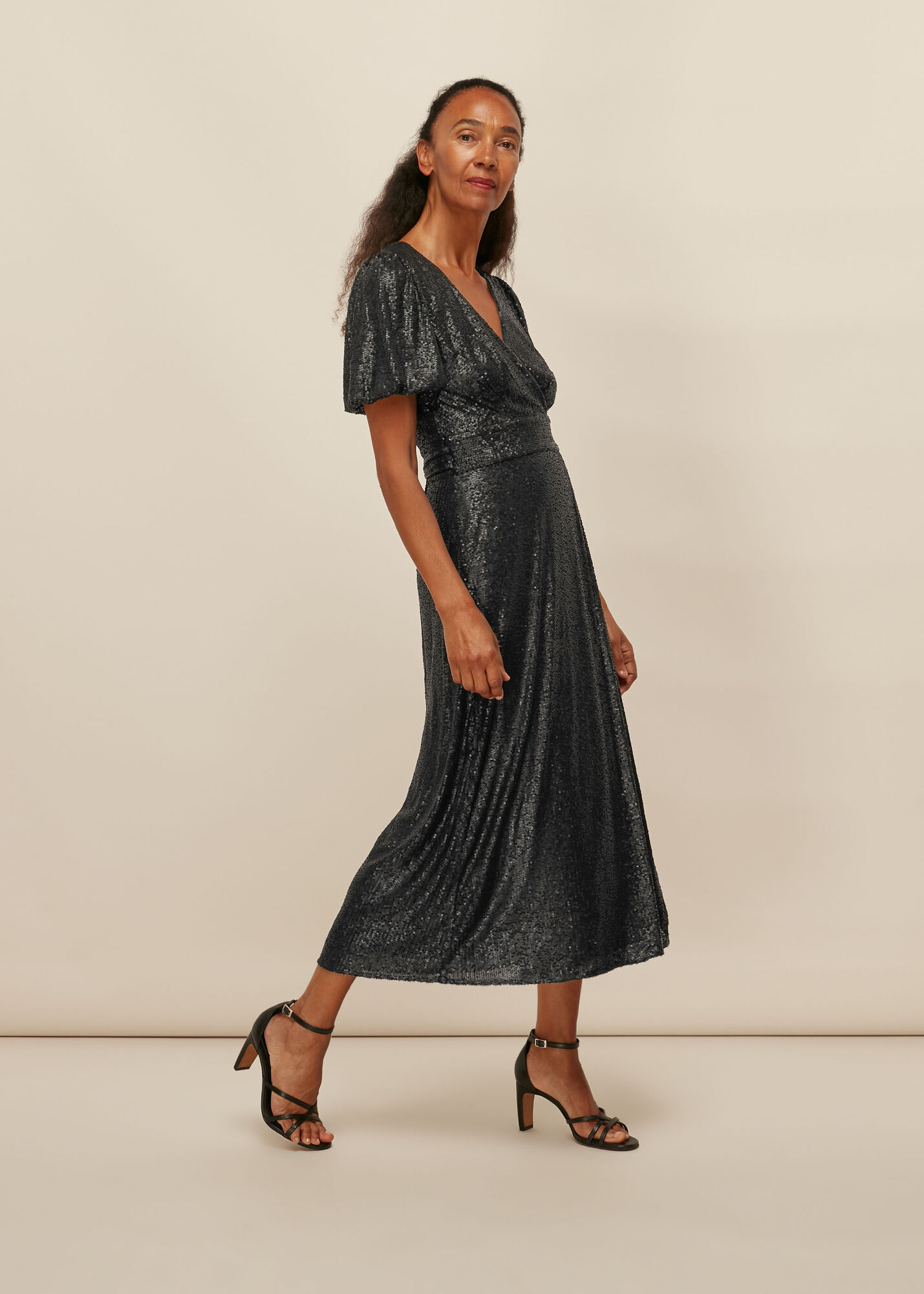Black Sequin Wrap Dress | WHISTLES | Whistles UK