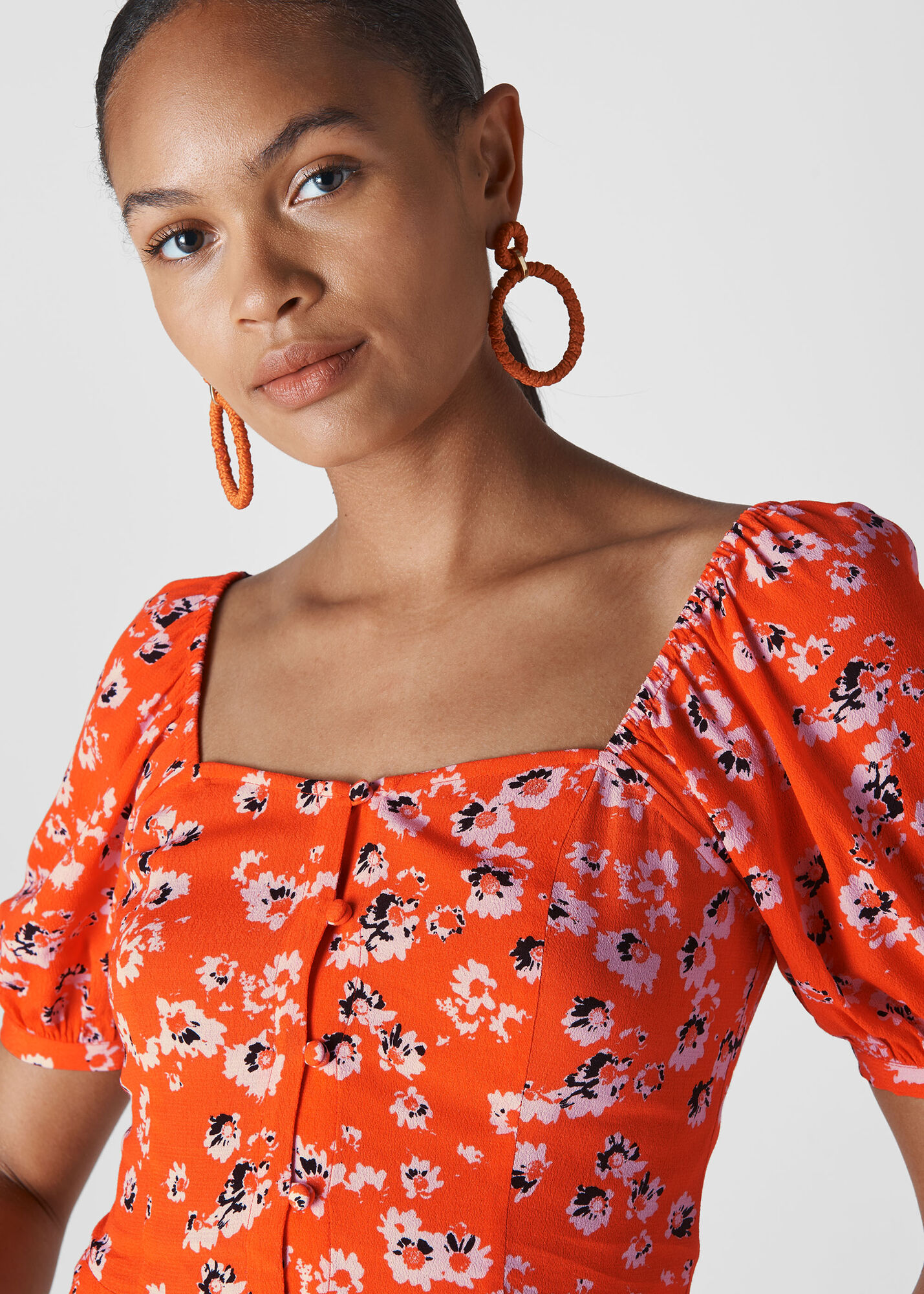 Flame/Multi Digital Daisy Print Bella Top | WHISTLES | Whistles UK
