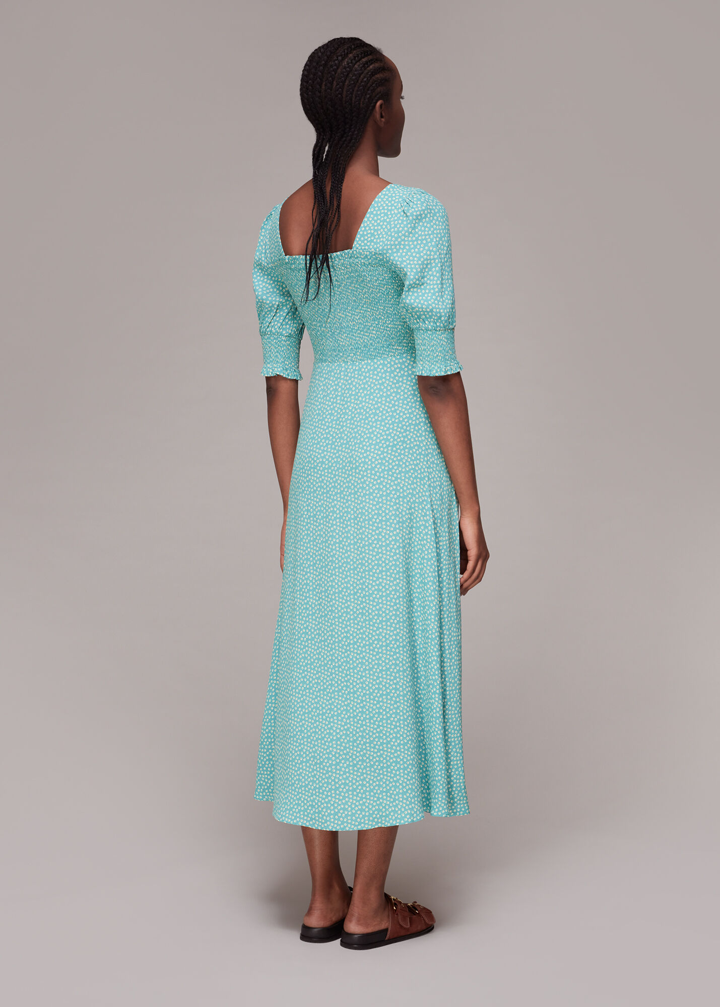 Blue/Multi Ditsy Floral Shirred Dress | WHISTLES | Whistles UK