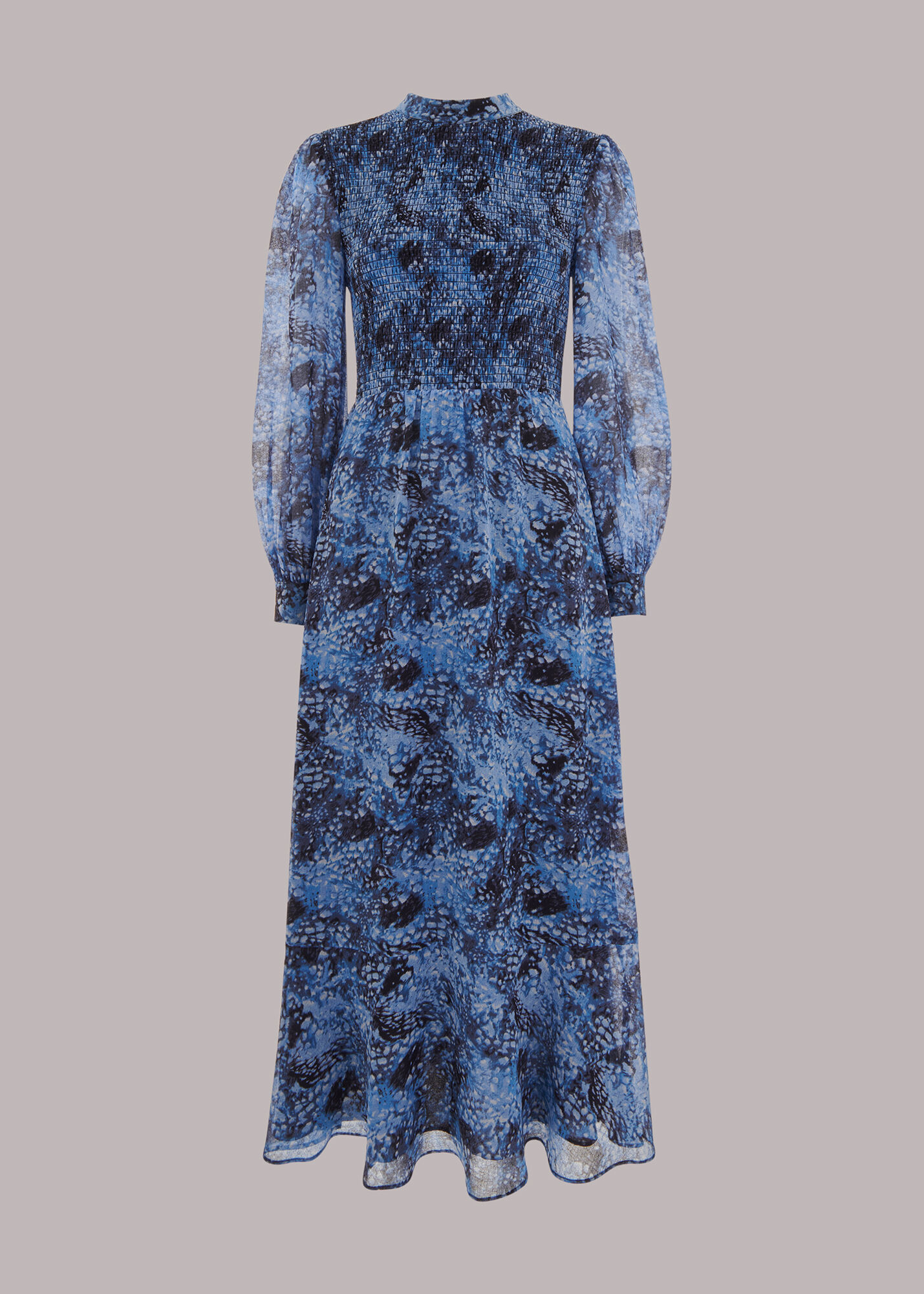 Blue/Multi Snow Flurry Shirred Midi Dress | WHISTLES | Whistles US
