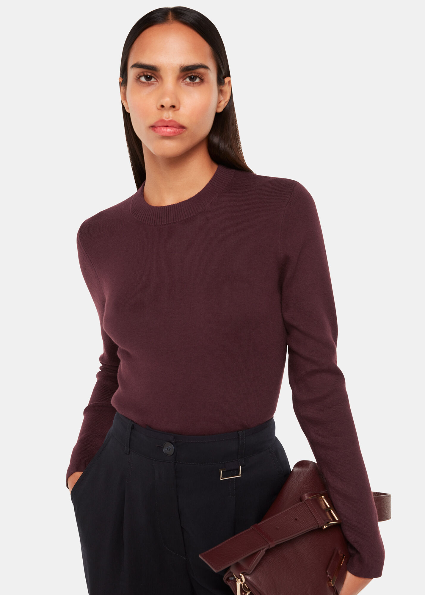 Burgundy Keyhole Back Crew Neck Knit | WHISTLES | Whistles UK