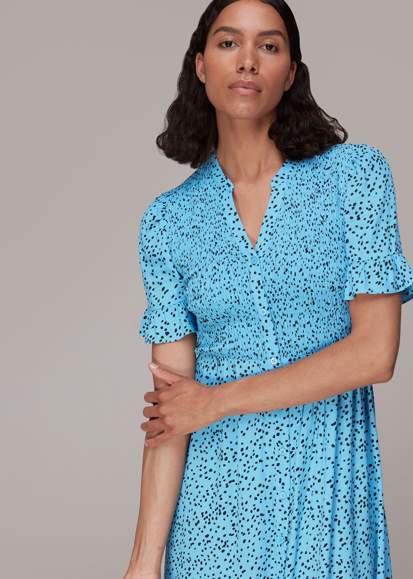 Blue/Multi Spotted Dot Shirred Midi Dress | WHISTLES | Whistles UK