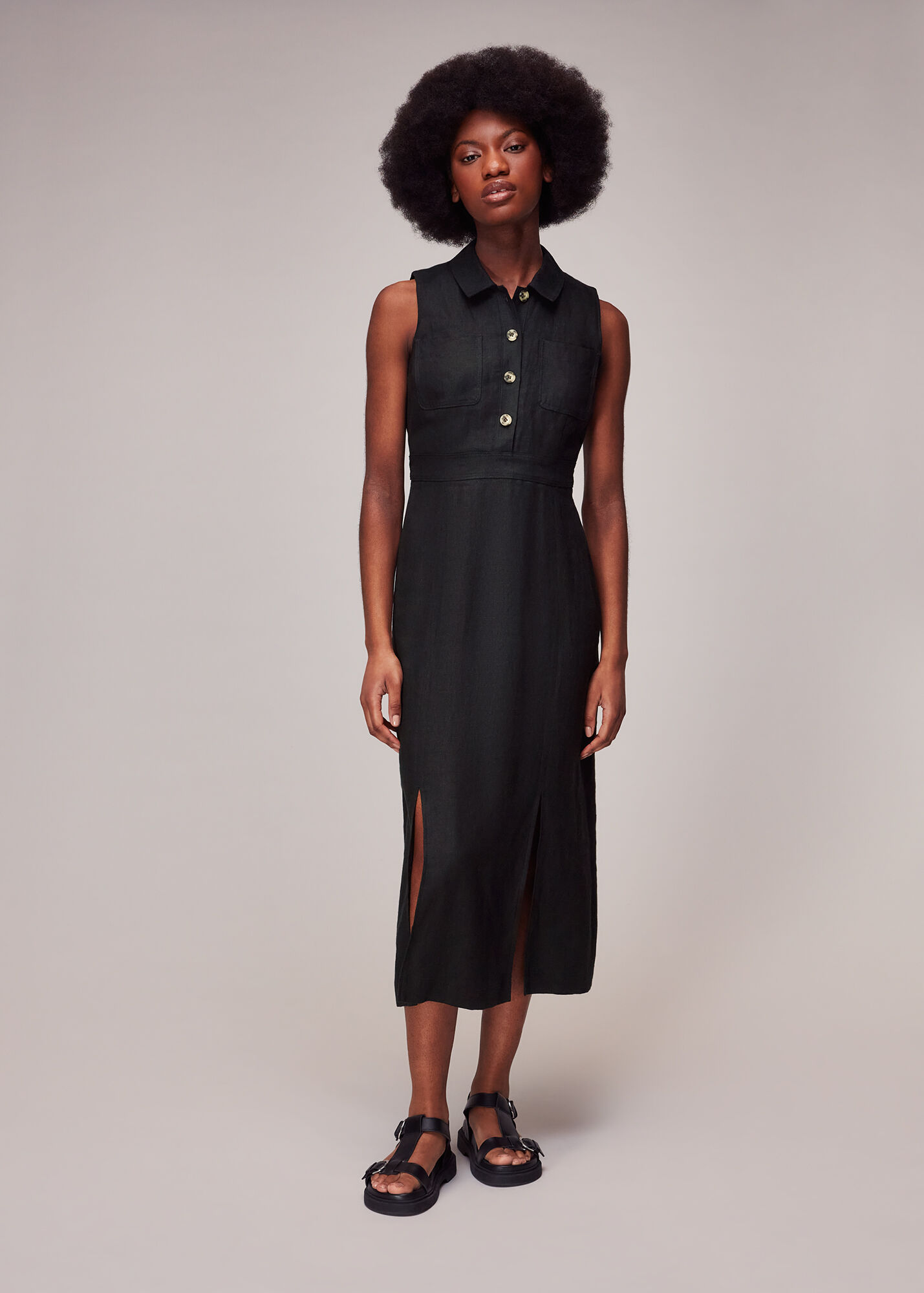 Black Molly Linen Midi Dress | WHISTLES | Whistles UK