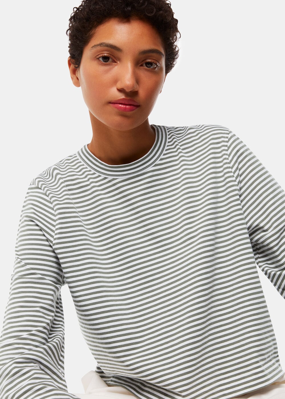 Khaki/Multi Stripe Crop Long Sleeve Tee | WHISTLES | Whistles ROW